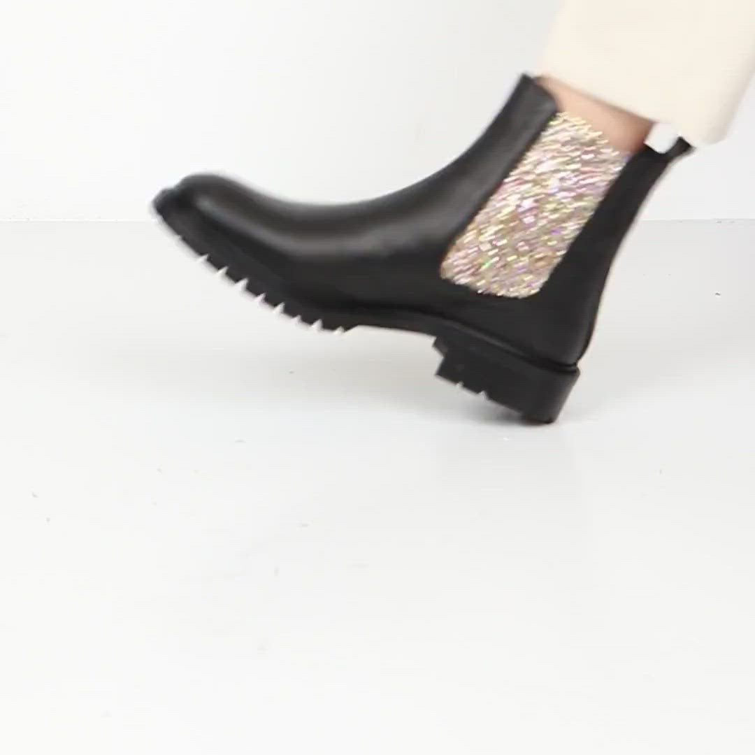 Black womens chunky chelsea boot in leather and multicolored glitter